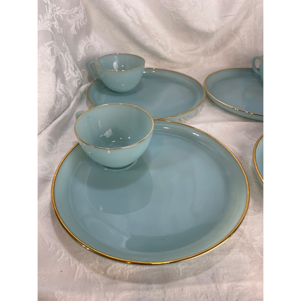 Fire King MCM Cups Plates Blue Delphite 22K Gold 8 Piece Snack Set | eBay