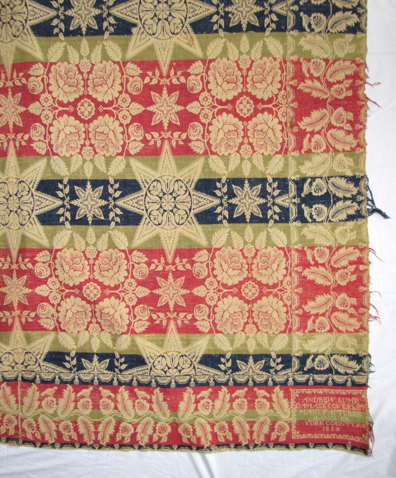 RARE Antique Early American Andrew Kump Damask Coverlet 1850 Hanover ...