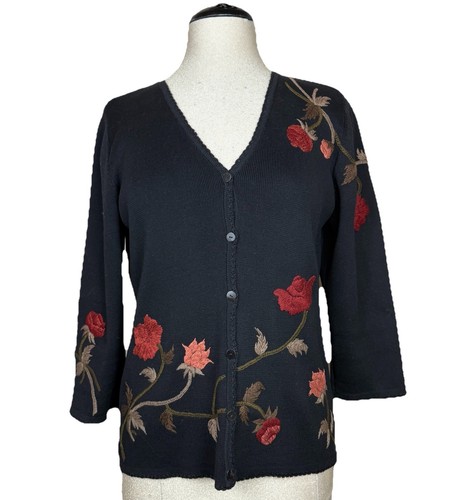Vtg Peruvian Connection Cardigan Sweater M Pima Cotton Floral Flowers ...