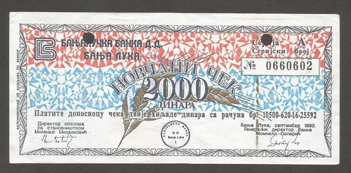 Bosnia Herzegovina - Bana Luka; 2000 Dinara 1992; EF+; Military cheque; JAJCE | eBay