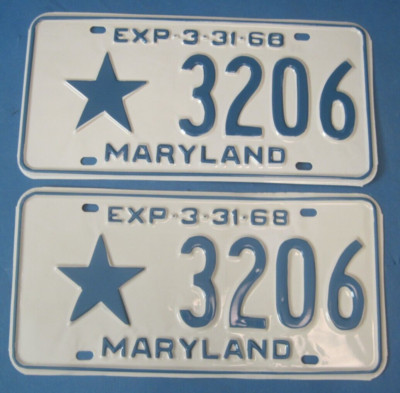 1968 Maryland Star License Plates Matched Pair professionally restored ...