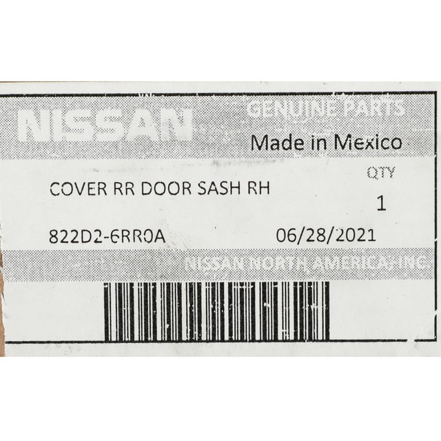 Genuine Nissan Cover - Rear Door Sash - Right-hand 822D2-6RR0A for sale ...