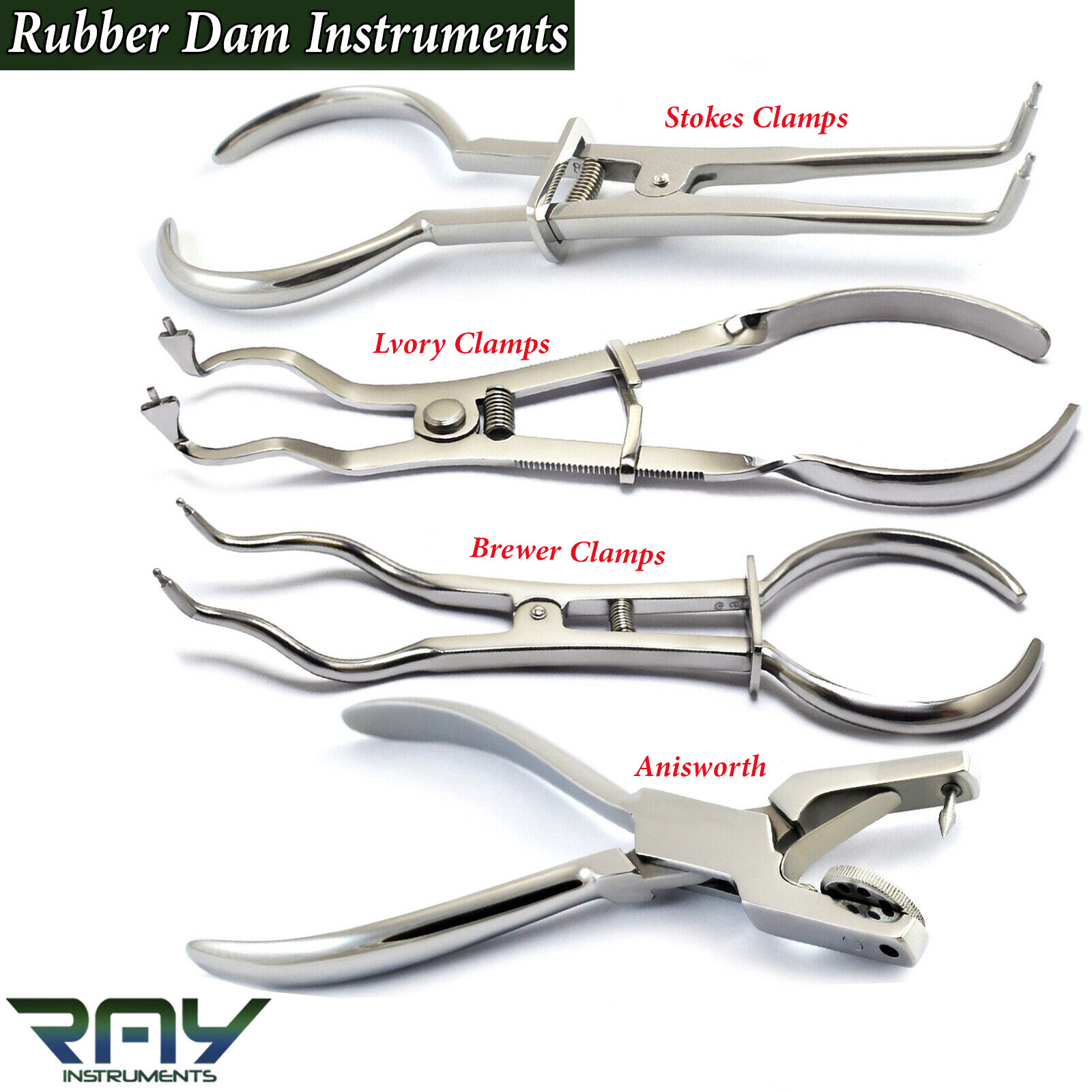 Dental Endodontic Rubber Dam Instrument Ainsworth, Stokes, Lvory Clamps ...
