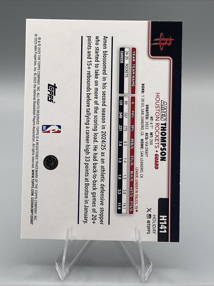 2025-26 Topps Holiday #H141 Amen Thompson Light Blue White Glitter ...