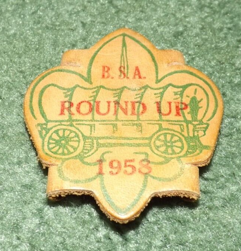 1958 Boy Scouts BSA ROUND-UP Leather Handkerchief Slide-Conestoga Wagon ...