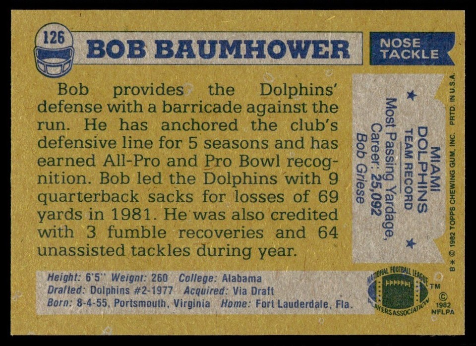 Bob Baumhower 1982 Topps #126 Miami Dolphins 28137 Football Card | eBay