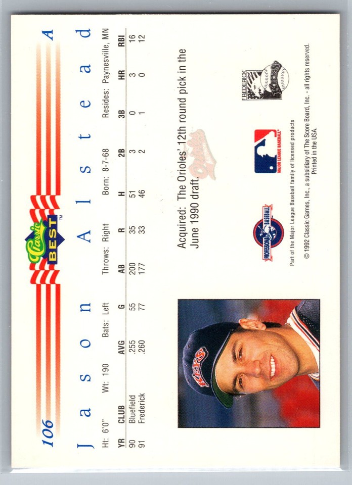 Jason Alstead 1992 Classic Best Set Break BASEBALL #106 Frederick Keys ...
