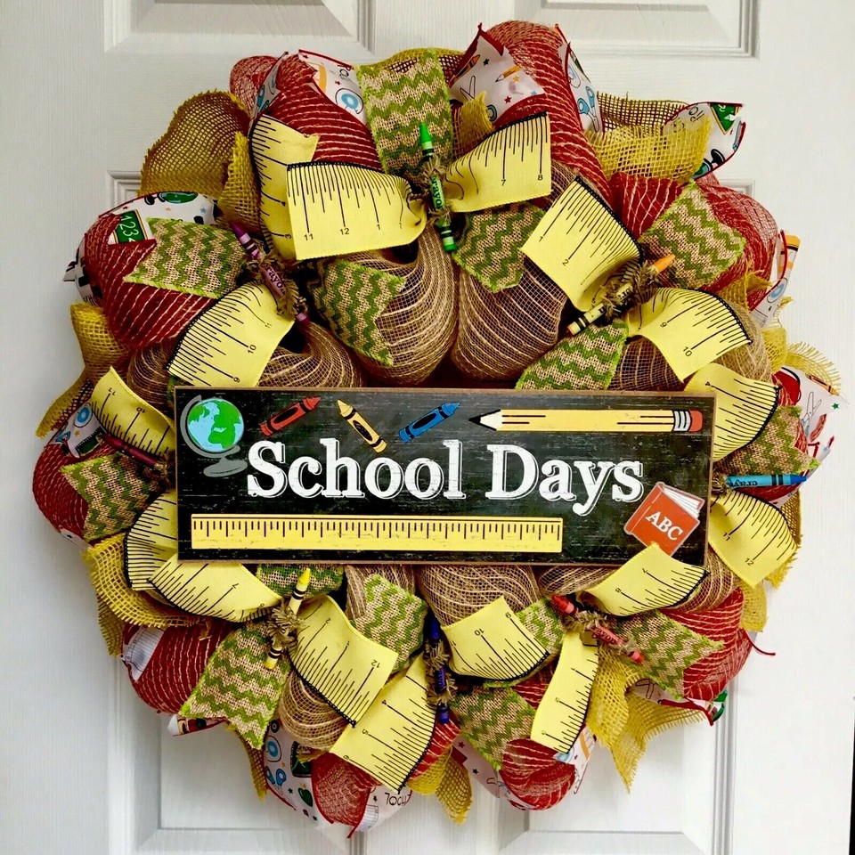 School Days Door Wreath With Crayons Handmade Deco Mesh | eBay