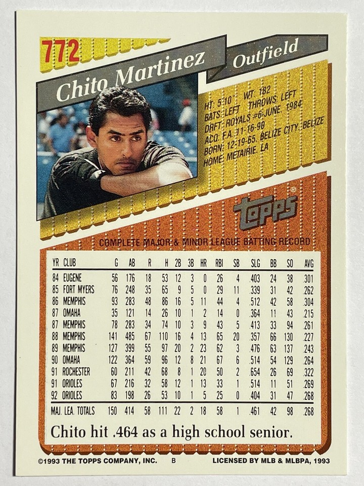 CHITO MARTINEZ Baltimore Orioles 1993 Topps Baseball Card #772 | eBay