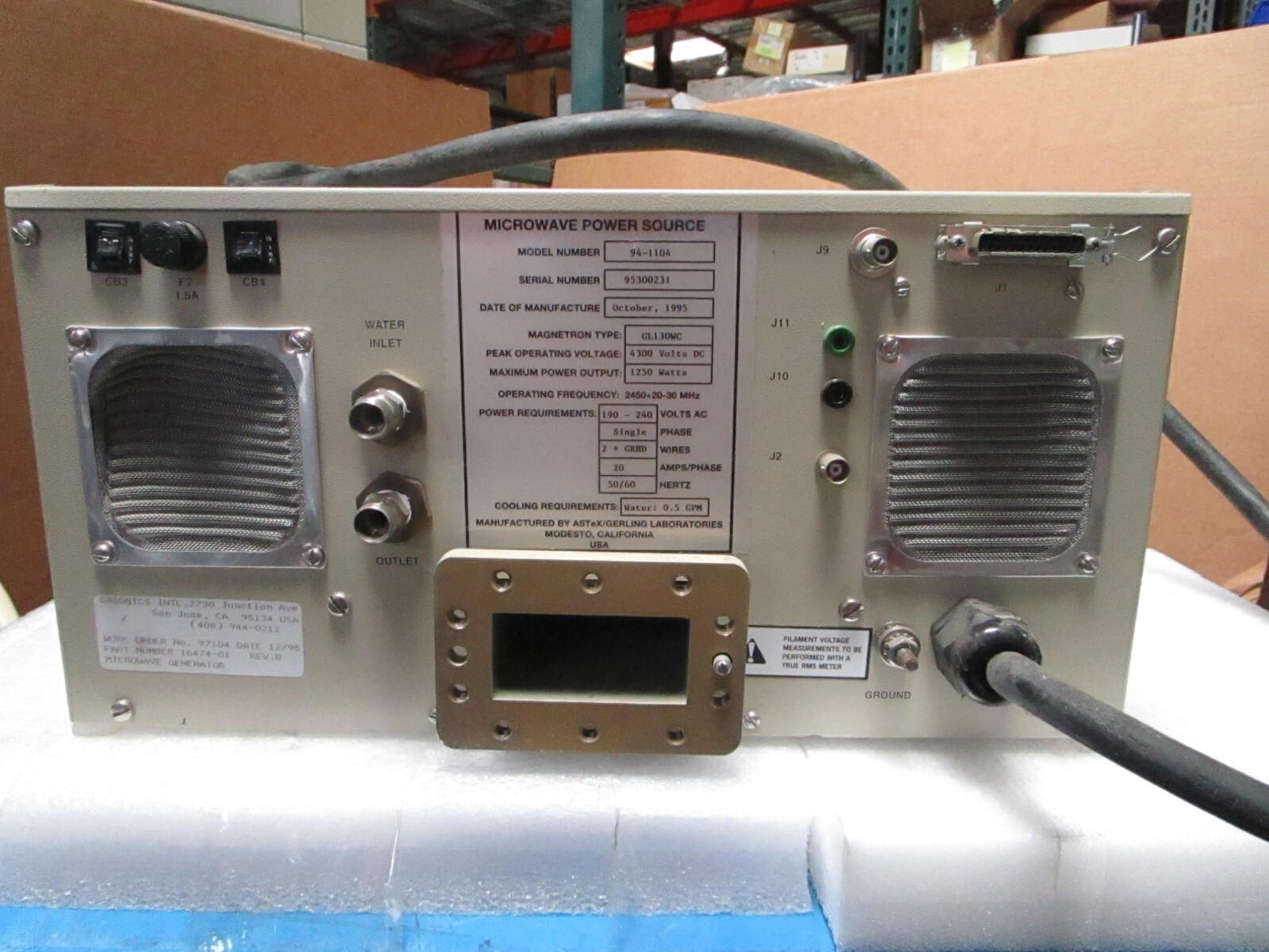 ASTEX GERLING GASONICS 16474-01 MICROWAVE POWER SOURCE GENERATOR 94 ...
