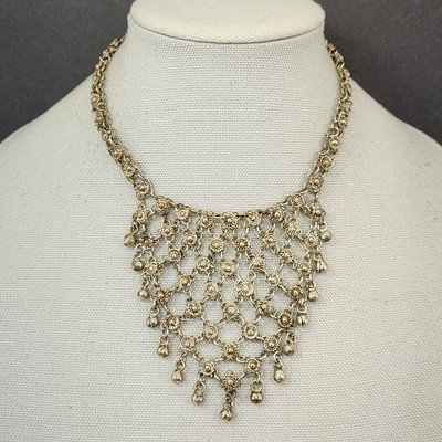 Chainmail Bib Necklace Vtg Silver Tone Chain Flowerettes 15.75" | eBay
