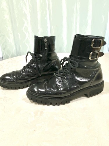 PAUL GREEN LUG SOLE COMBAT LACE UP BOOT SIDE BUCKLES BLACK CRINKLE ...