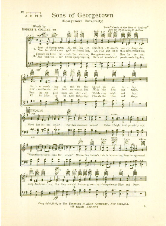 GEORGETOWN UNIVERSITY Alma Mater Song Sheet c1936 "Sons of Georgetown ...