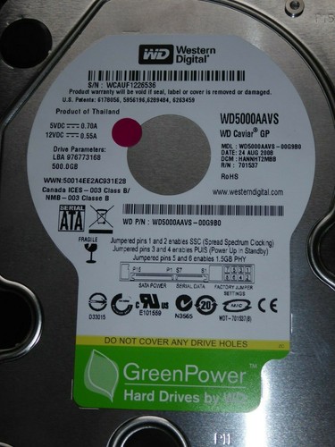 WD5000AAVS-00G9B0 | DCM: HANNHT2MBB | 24 AUG 2008 | Western Digital ...