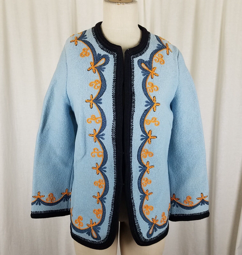 Vintage Austria Boiled Weighted Wool Sweater Jacket Blazer Womens L Embroidered | eBay