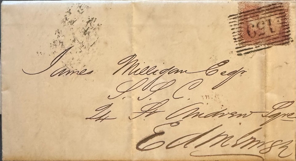 GB QV 1857 SCOTTISH ENTIRE PENNY RED STAR 'OG’ GLASGOW TO EDINBURGH DT ...