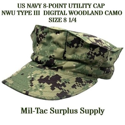 US NAVY 8-POINT UTILITY CAP NWU TYPE III DIGITAL WOODLAND CAMO, SIZE 8 ...