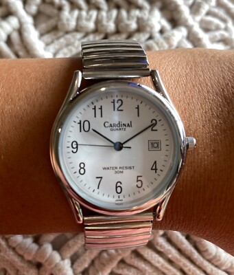 Analogue Cardinal Watch Clear Numbers Stretchy Band in Silver with Date ...
