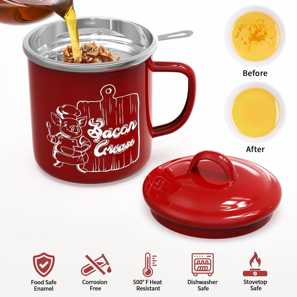 Bacon Grease Container with Removable Strainer - Includes Natural ...