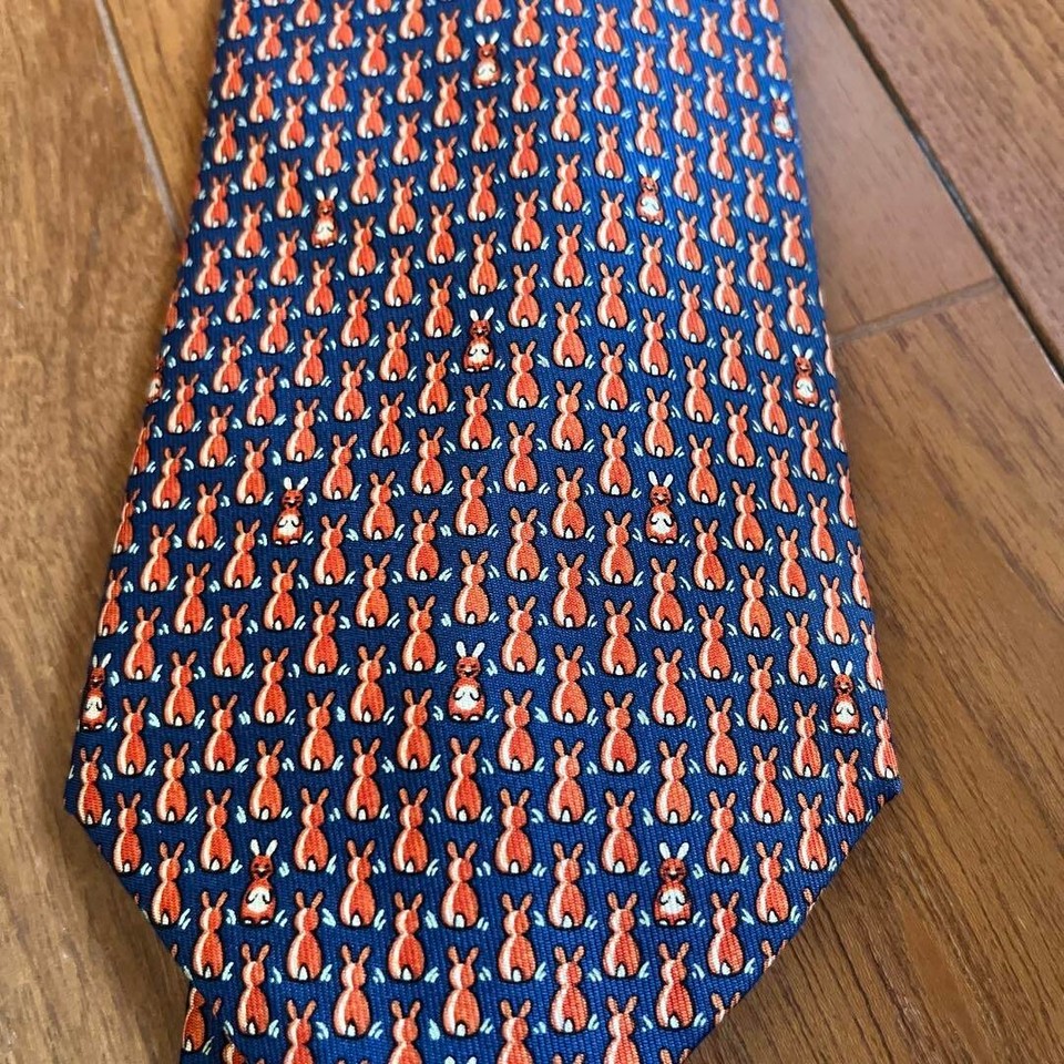 HERMES Rabbit Animal pattern 100% Silk Tie Men Orange Navy Blue Genuine ...