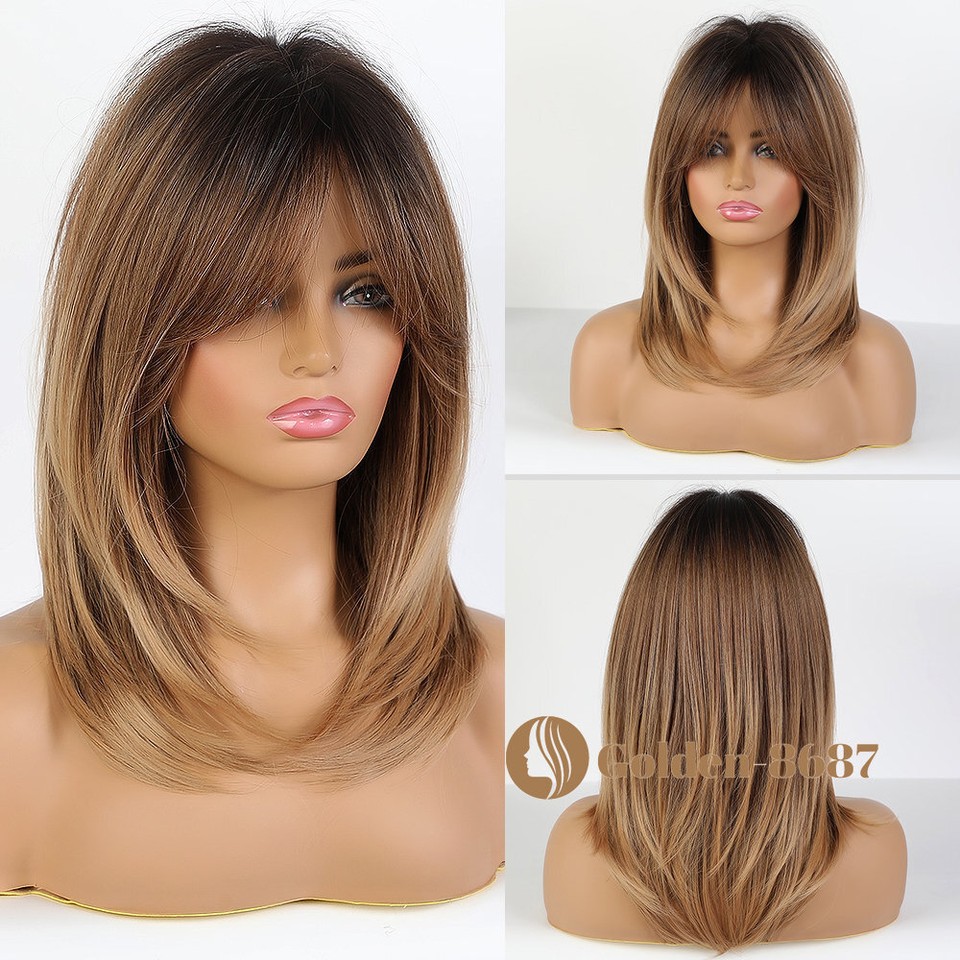 Long Straight Layered Synthetic Middle Blonde Highlight Wig with Side ...