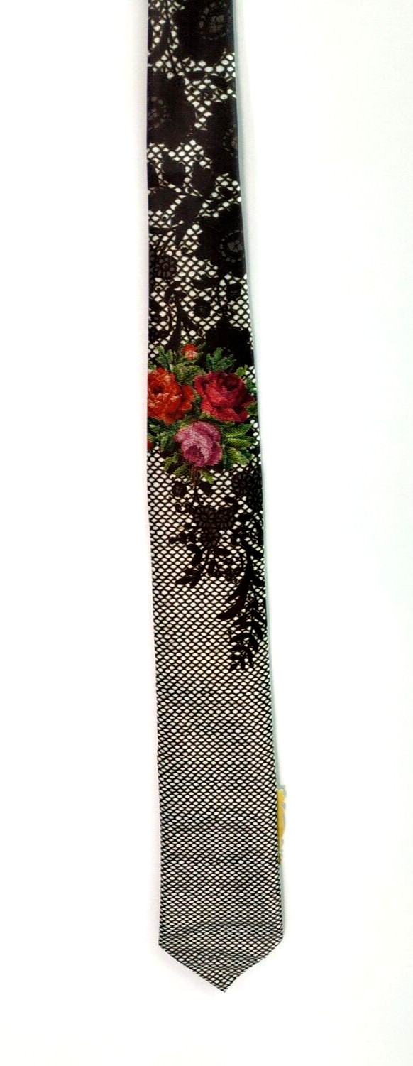 Beautiful Tie in Black and White With Colorful Flowe… - Gem
