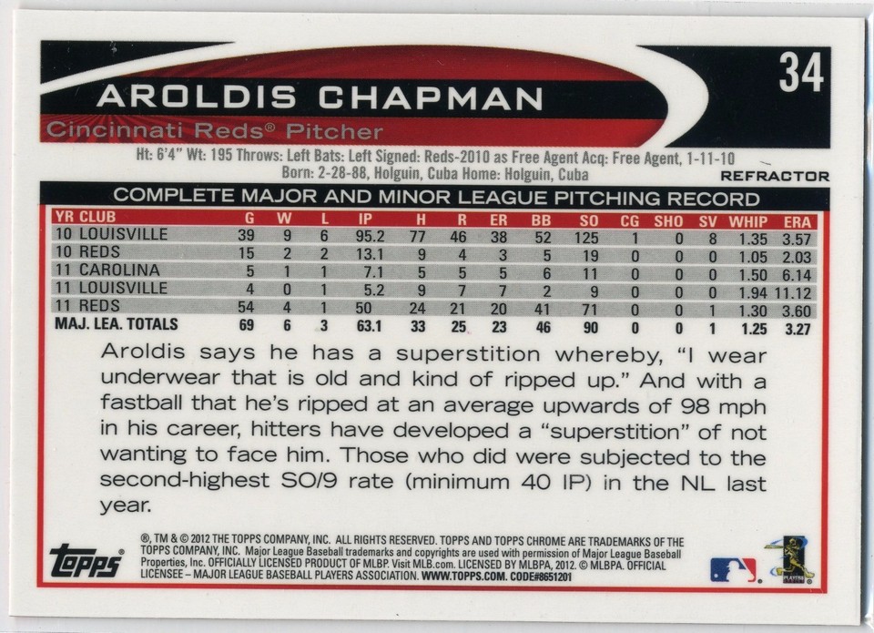 2012 Topps Chrome Aroldis Chapman Orange Refractor #34 Reds Yankees ...