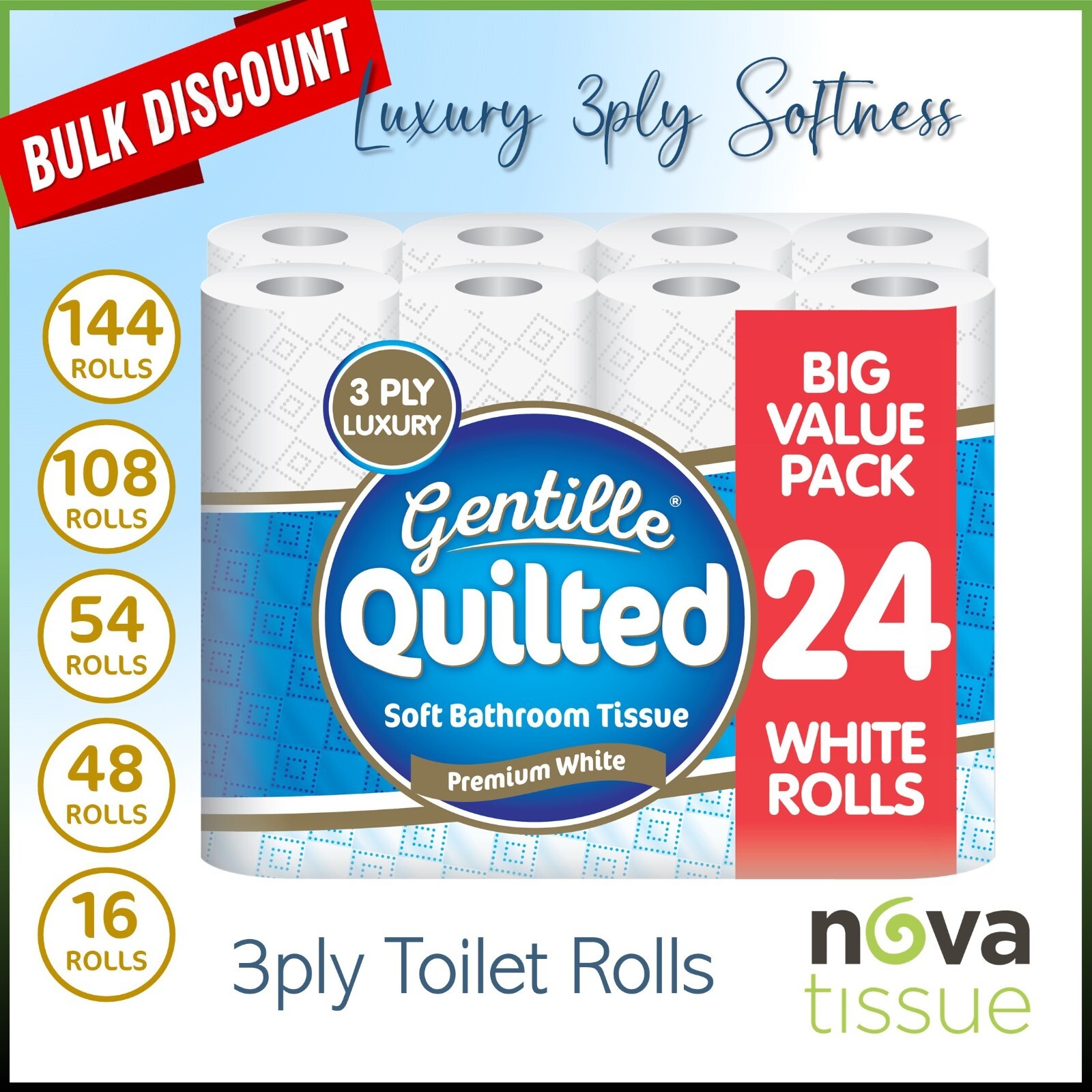 Gentille Quilted Toilet Rolls 3ply Luxury Soft Strong Tissue Paper 16 ...