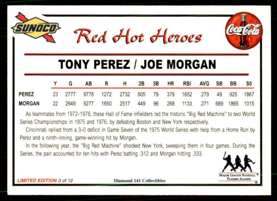 2001 Sunoco Dream Team Tony Perez/Joe Morgan 103 Baseball Cards #3 OF ...
