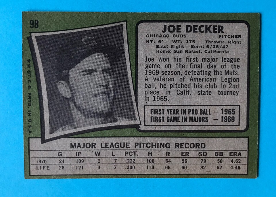 1971 Topps #98 Joe Decker EX/NM Centered Chicago Cubs Free Shipping | eBay