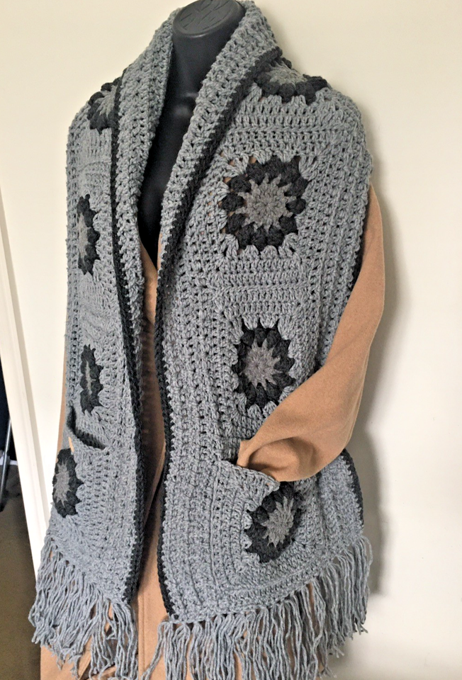 WINTER POCKET SCARF FASHION SHAWL WRAP HANDMADE CROCHET GRAY BLACK | eBay
