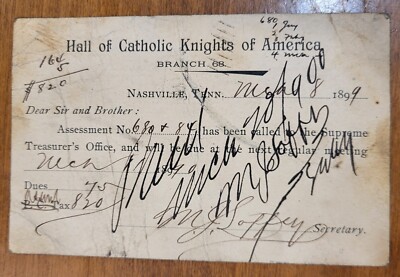 1899 Advertising Postcard Nashville Tennessee Hall of Catholic Knights ...