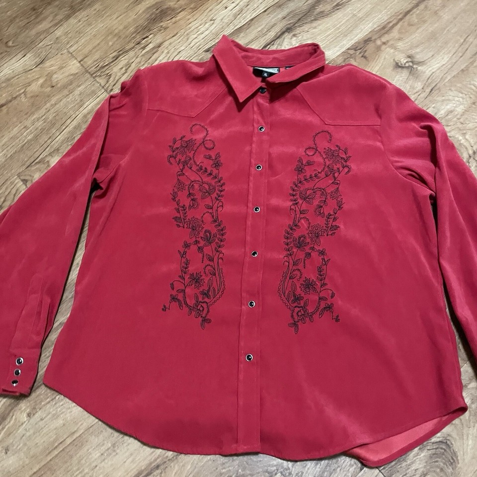 Rough Rider Shirt Women XL Red Suede Pearl Snap Cowgirl Western Rodeo ...
