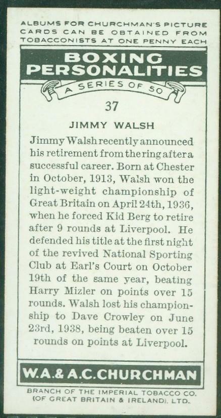 1938 Churchman's Cigarettes Boxing, #37, Jimmy Walsh, English Boxer | eBay