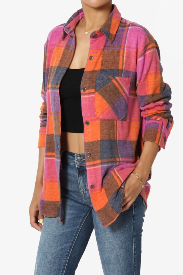Women's Soft Fleece Plaid Check Button Front Shirt Pocket Long Sleeve ...