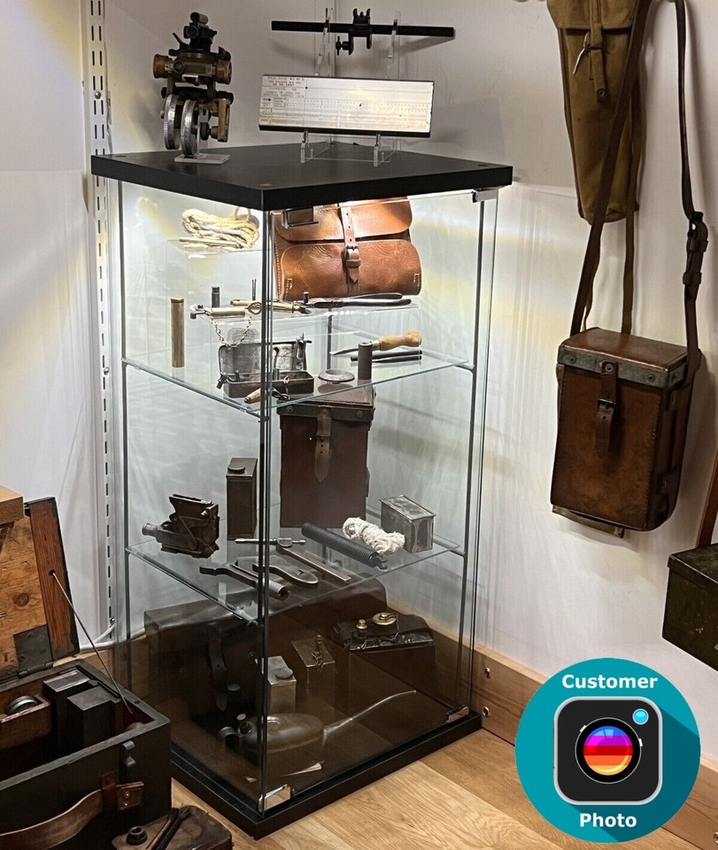 Small Glass Display Cabinet 3 Shelves Door Black MDF Base Top Narrow ...