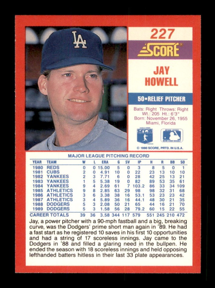 1990 Baseball Score Jay Howell Los Angeles Dodgers #227 | eBay