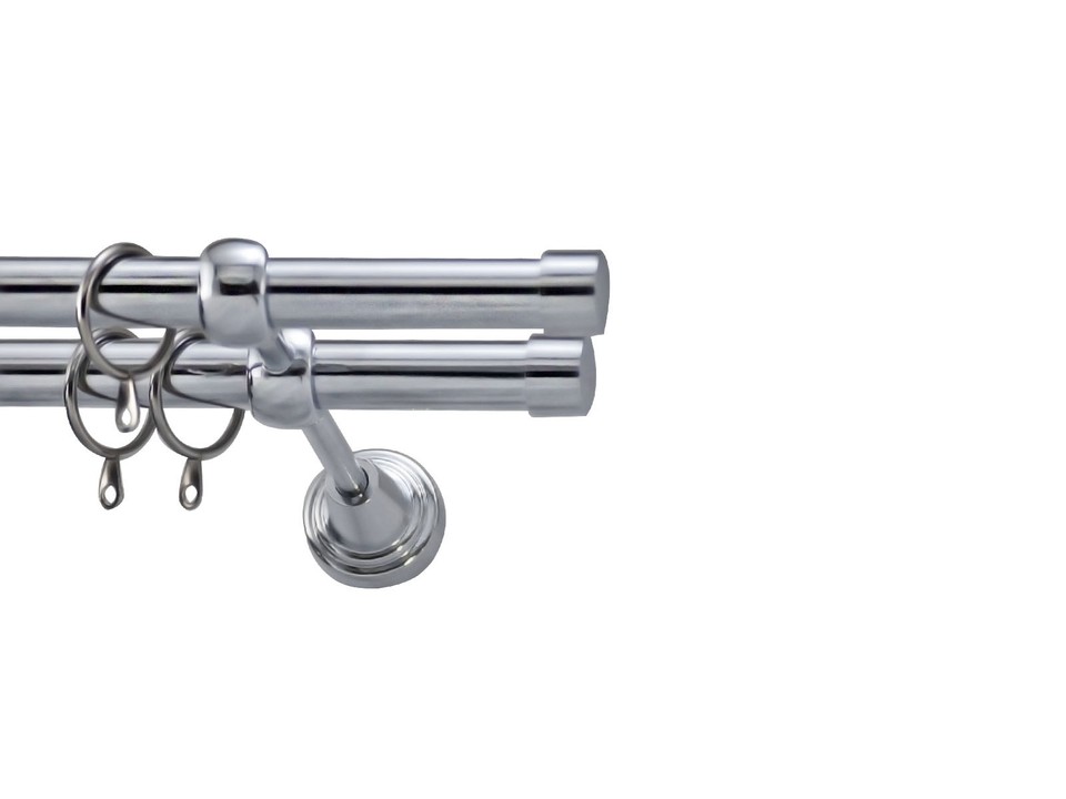 Metal Double Curtain Pole Rod Set Silver Brushed Chrome Diameter 19mm ...