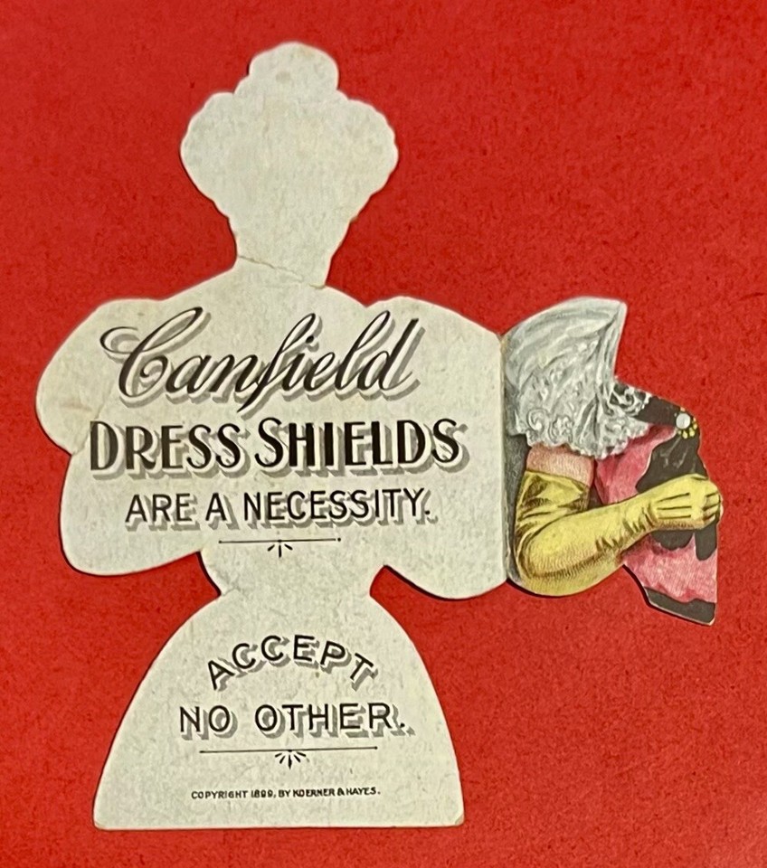 VINTAGE CHROMO MECHANICAL CARD/BOOKMARK-FOR CANFIELDS DRESS SHIELDS ...