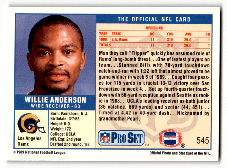 1989 Pro Set #545 Flipper Anderson EX/NM RC Rookie LA Rams ID:62174 | eBay