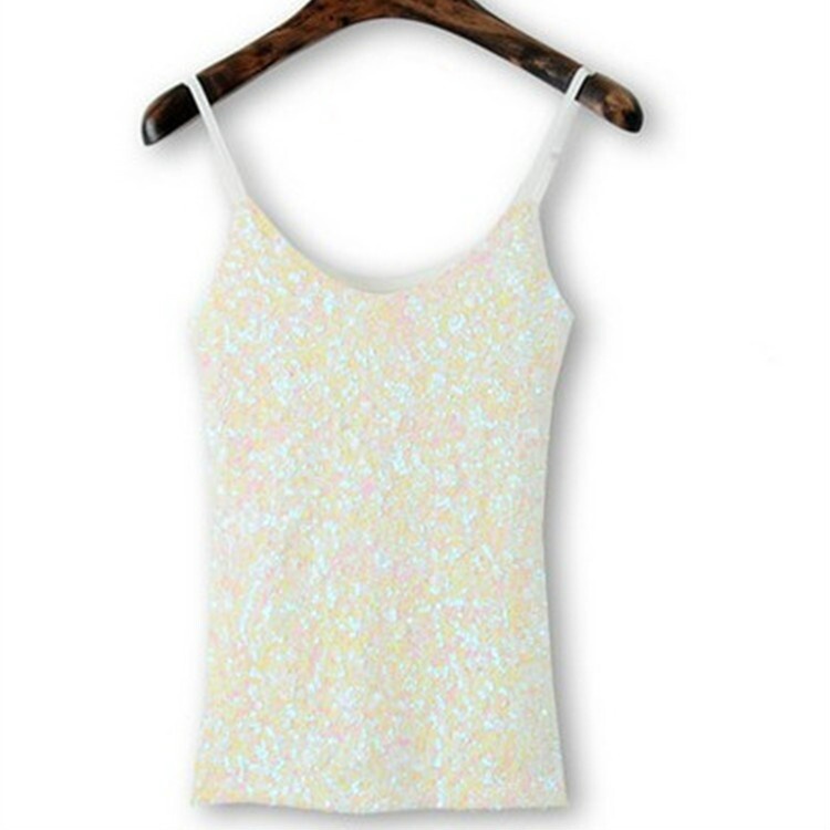 Women Sequin Vest Bling Spaghetti Strap Singlet Glitter Slim Camisole ...
