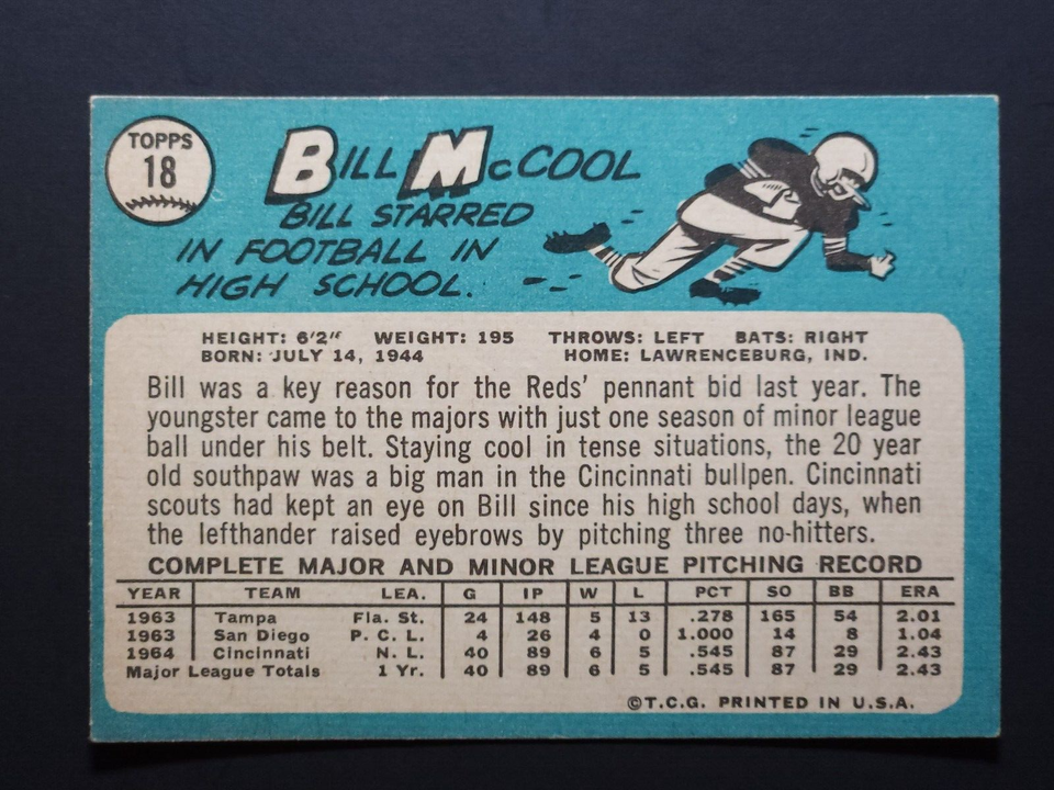 1965 Topps Baseball #18 Bill McCool RC Cincinnati Reds *VGEX No creases ...