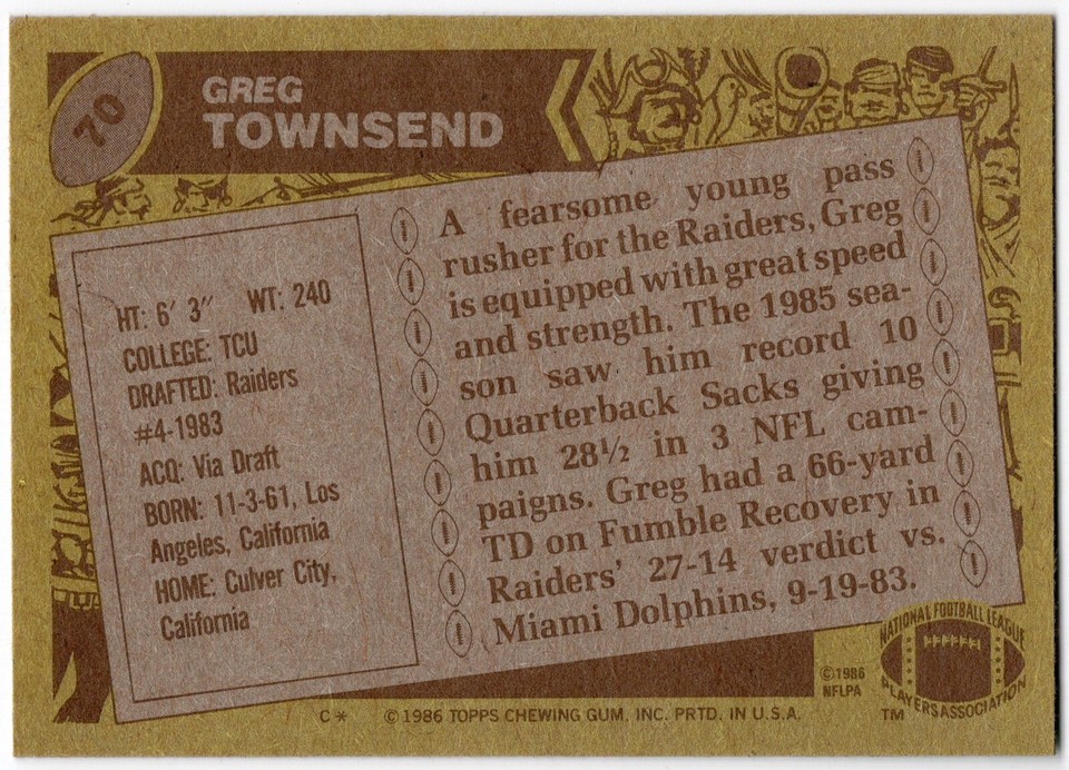 PB018 1986 Topps #70 Greg Townsend RC Oakland / Los Angeles Raiders | eBay