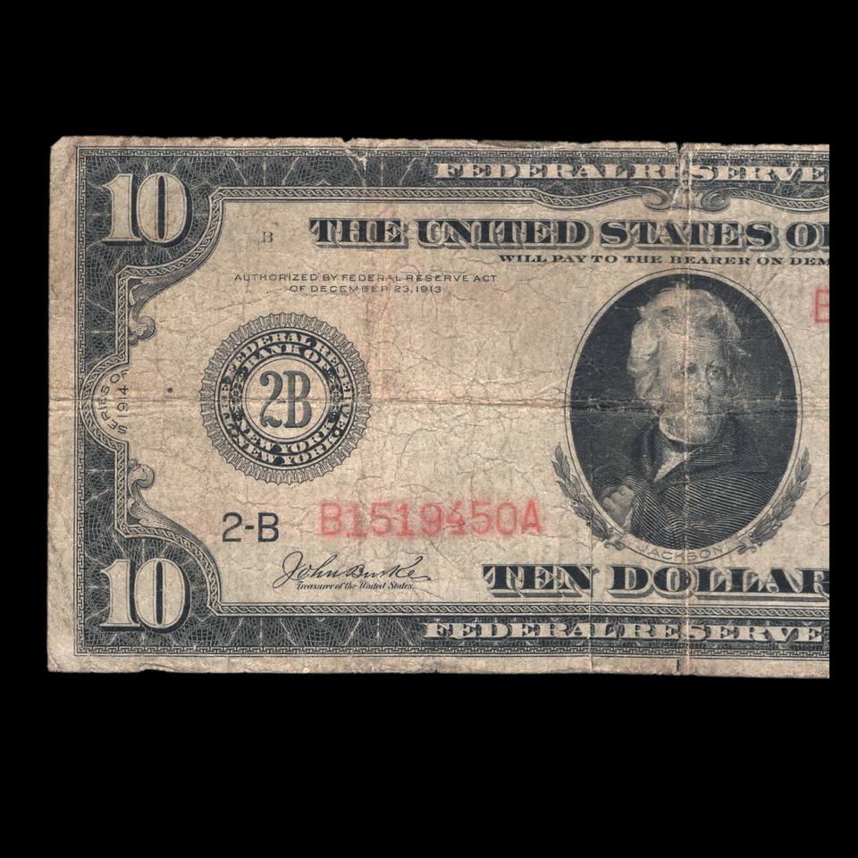 CA 1914 10 Dollars Federal Reserve Note New York "RED SEAL" VG/VF ...