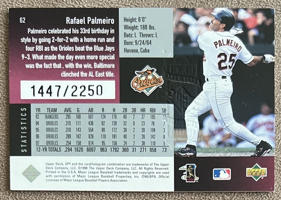 1998 SPx Finite Spectrum Rafael Palmeiro /2250 Baltimore Orioles #62 | eBay
