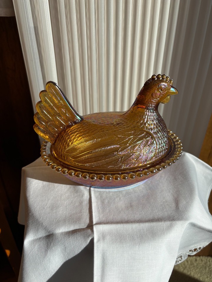 7" Indiana Glass Iridescent Golden Amber Honey Color Hen on Nest | eBay