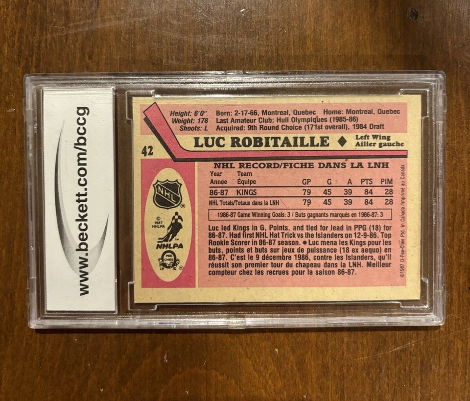 1987-88 OPC O PEE CHEE Graded #42 LUC ROBITAILLE Rookie SGC 9 LA Kings ...