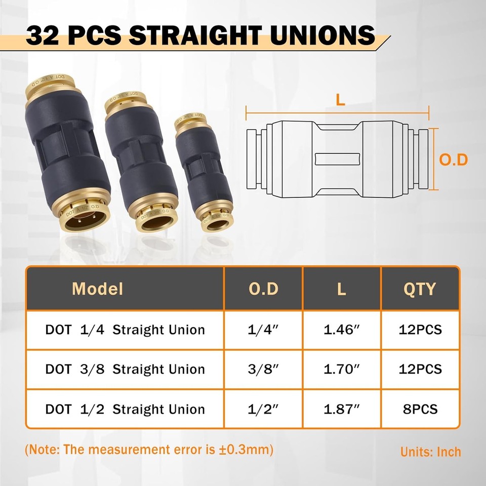 32 PCS DOT Air Line Fittings 1/4" 3/8" 1/2" DOT Push Lock Air Fittings ...