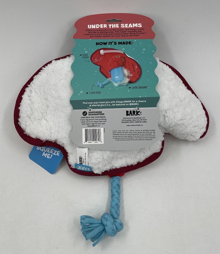 Bark 12" Stingray Dog Toy w/Large Squeaker Rope & Crinkle, for ...