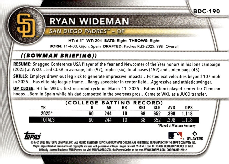 2025 Bowman Draft #BDC-190 Ryan Wideman Chrome | eBay UK